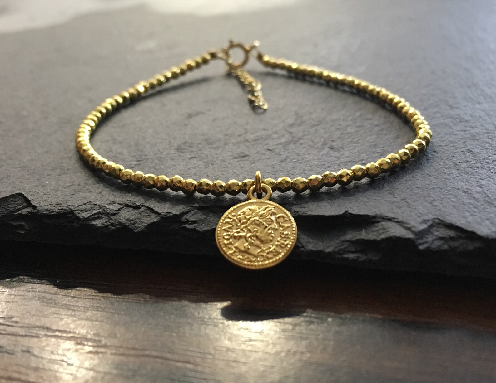 Coin Bracelet Gold Plated Coin Charm Beaded Bracelet Charm | Etsy