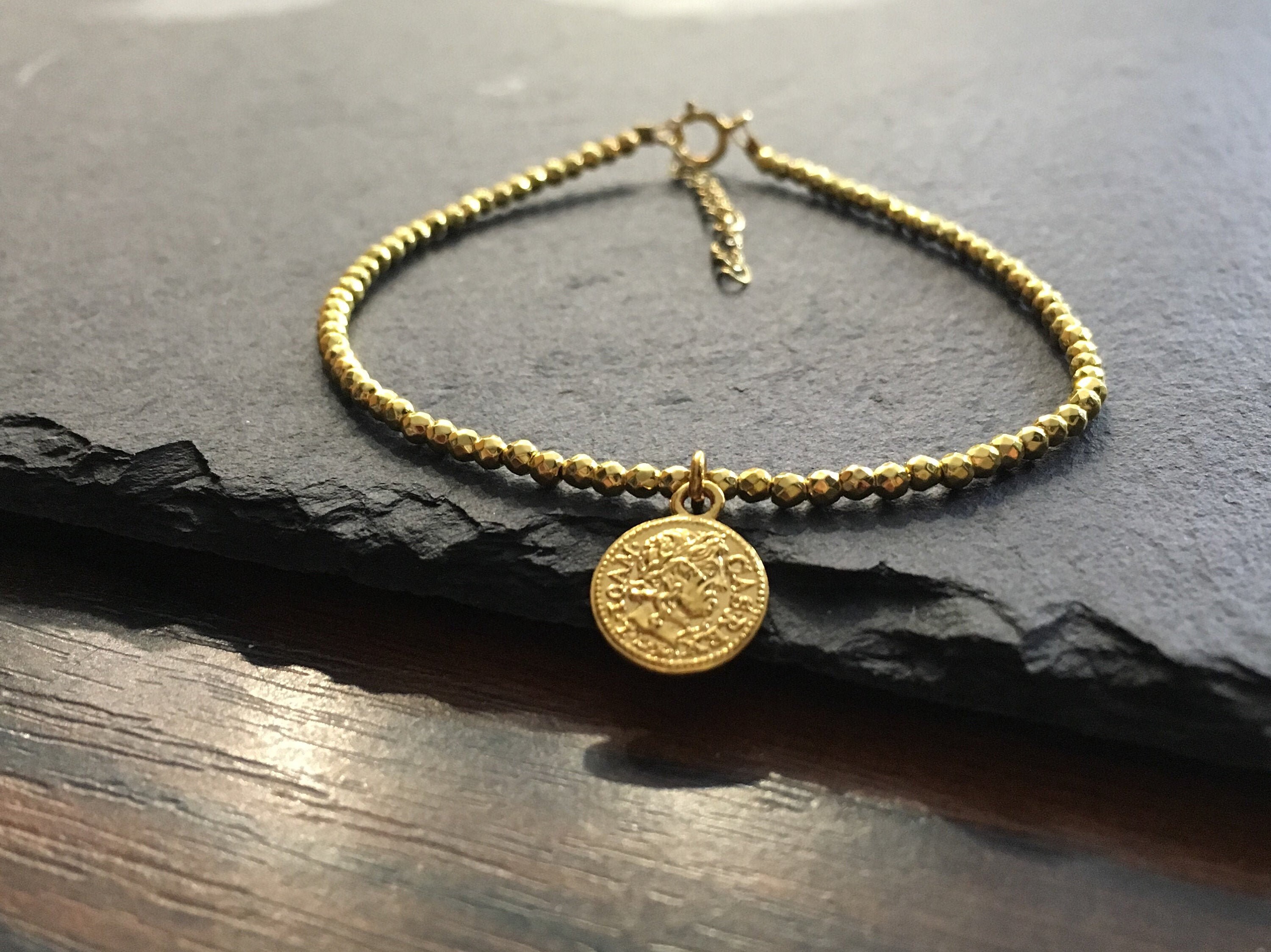Coin Bracelet Gold Plated Coin Charm Beaded Bracelet Charm | Etsy