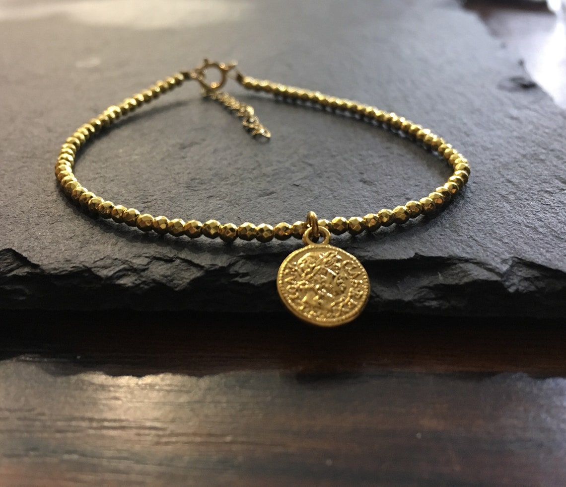 Coin Bracelet Gold Plated Coin Charm Beaded Bracelet Charm | Etsy