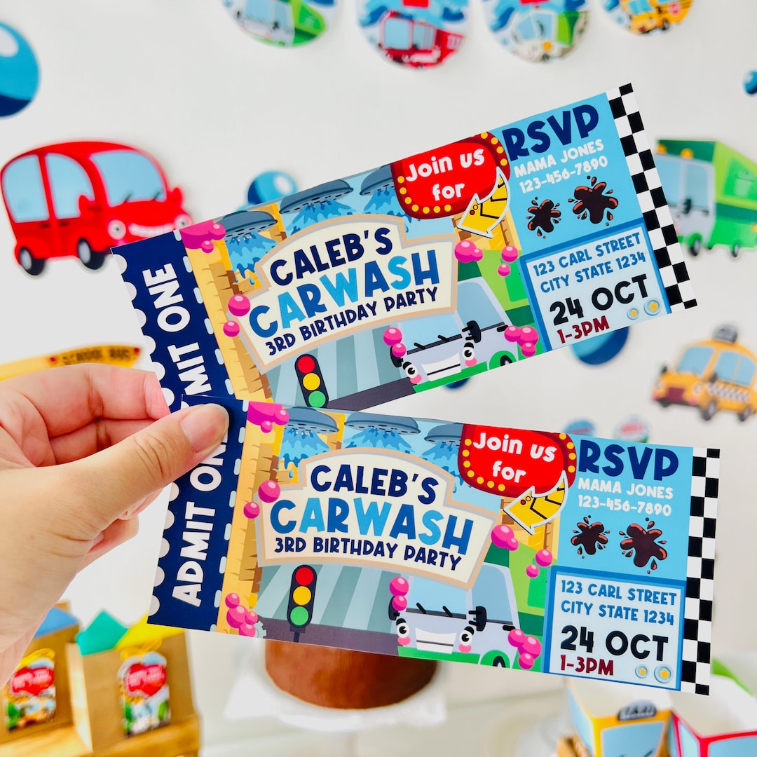 Car Wash Transportation Birthday Ticket Invitation Editable Printable ...