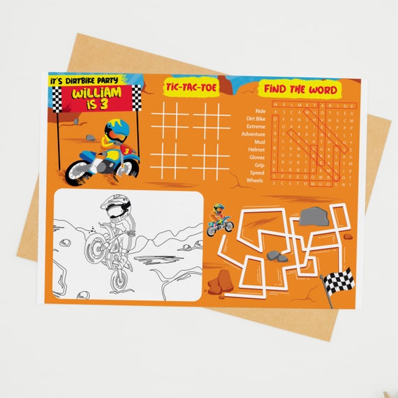 Dirt Bike Party Game Coloring Place Mat/ Motocross Party Activity Sheet ...