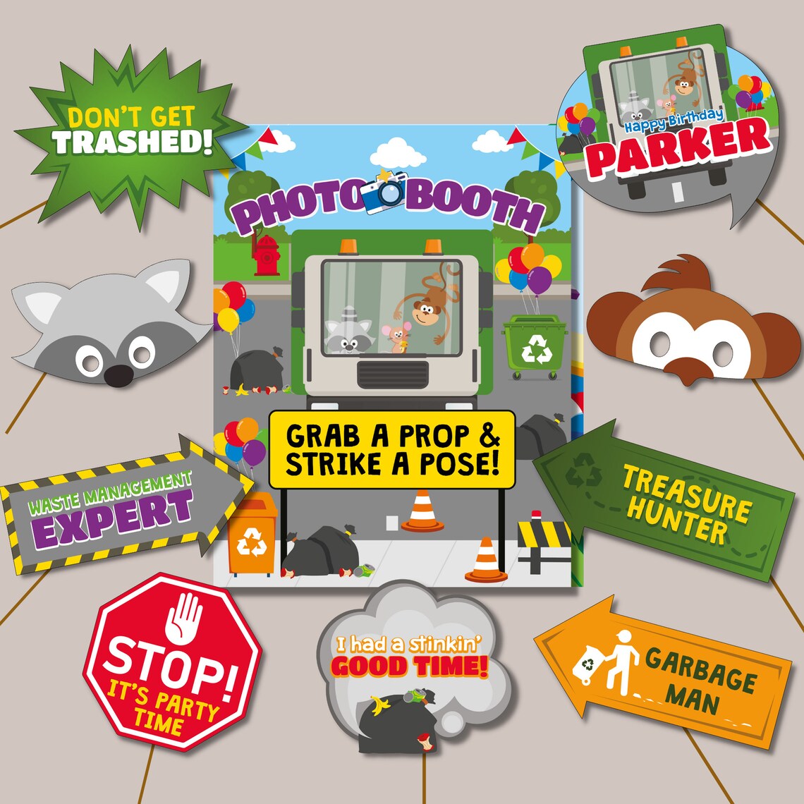 Garbage Truck Photo Booth Props Kit/ Trash Bash Photo Booth Kit/ Waste ...