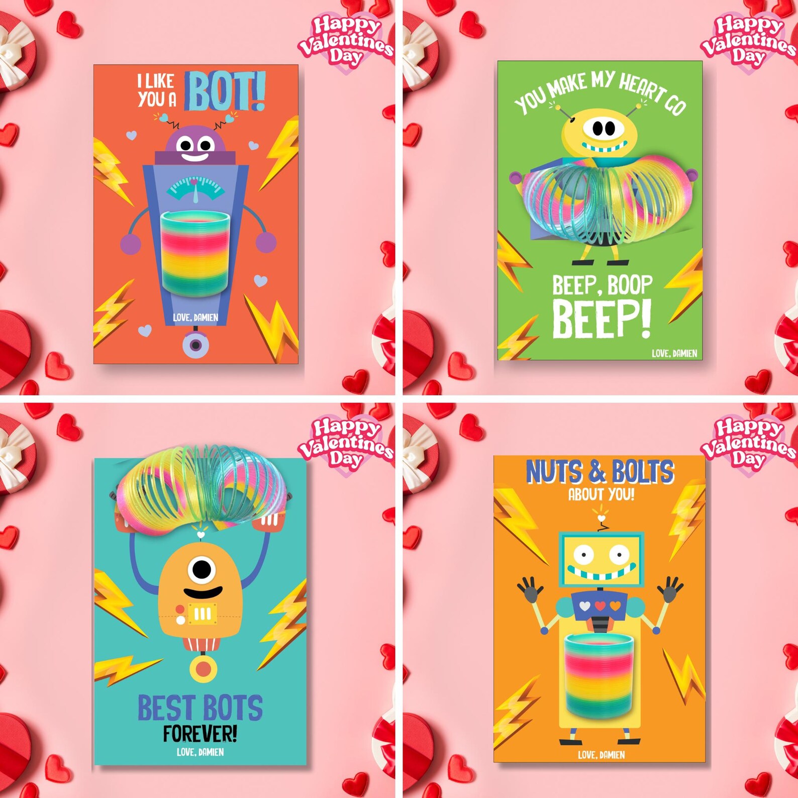 Robot Kids Valentine Card EDITABLE Printable, Slinky Toy Robot Party ...