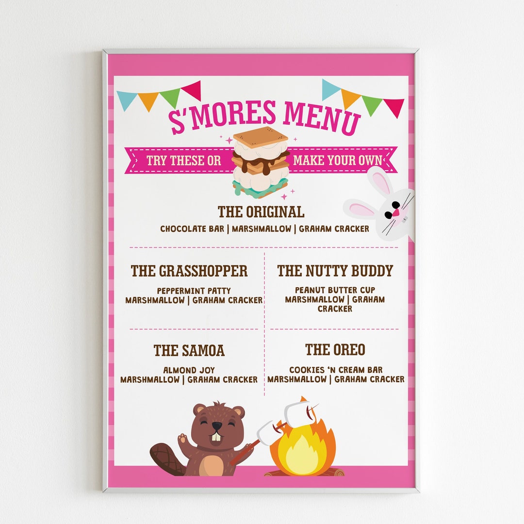 S'mores Menu Sign Printable/ Glamping Smores Party Sign Printable/ Girl ...