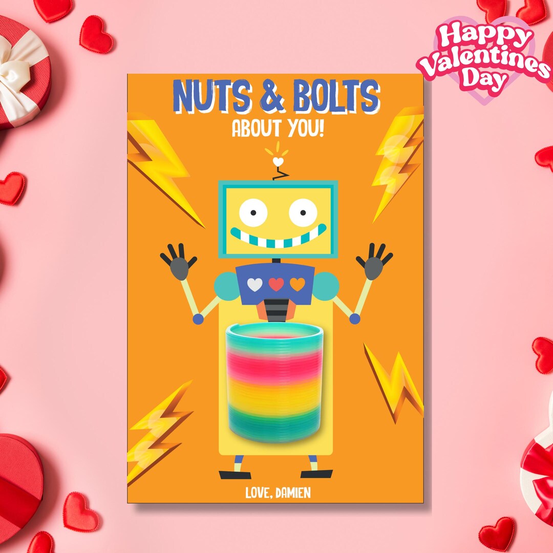 Robots Valentine Card EDITABLE Printable, Slinky Toy Robot Party Favors ...