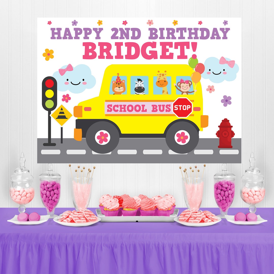 Wheels on the Bus Girl Birthday Backdrop Editable Party Printable ...