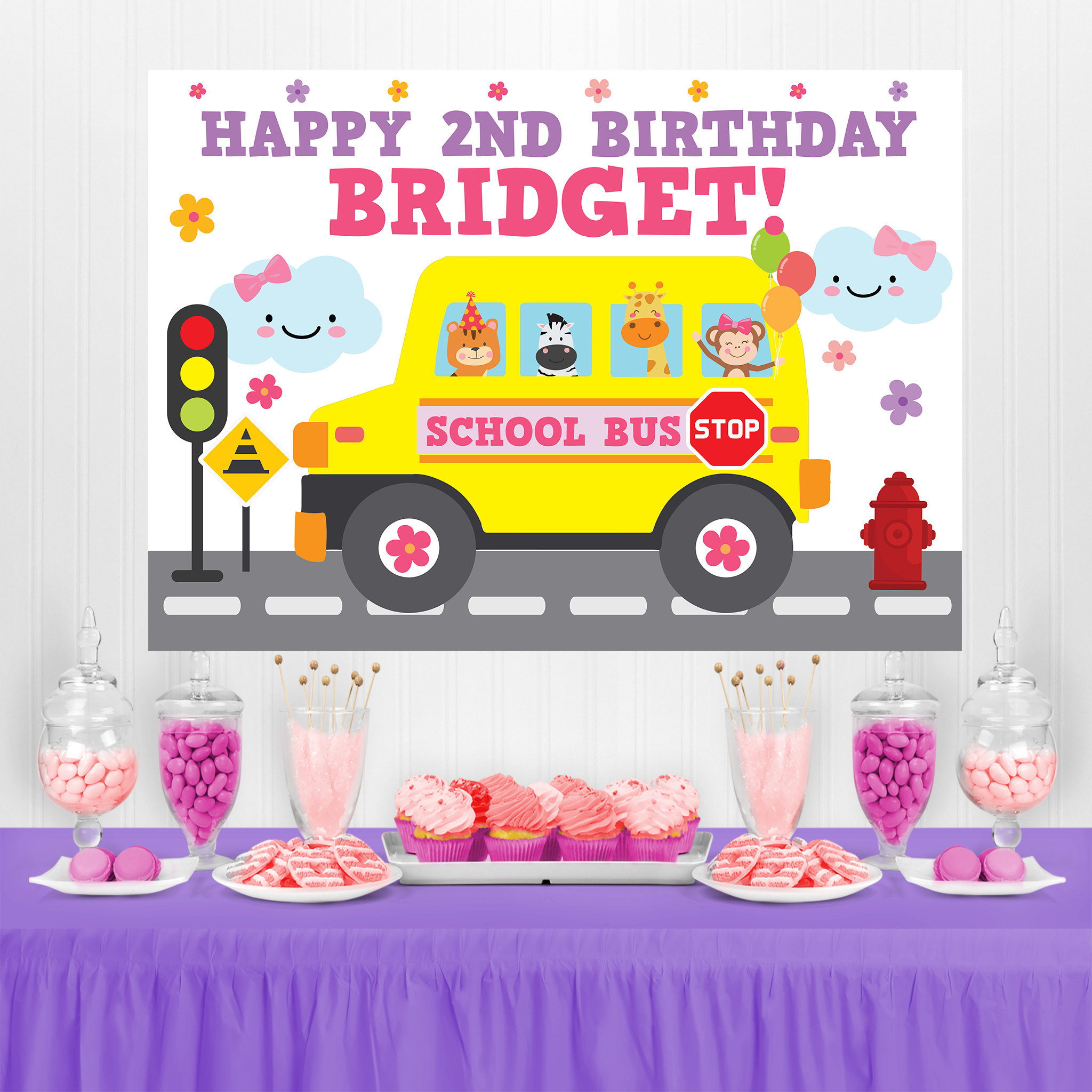 Wheels on the Bus Girl Birthday Backdrop Editable Party | Etsy