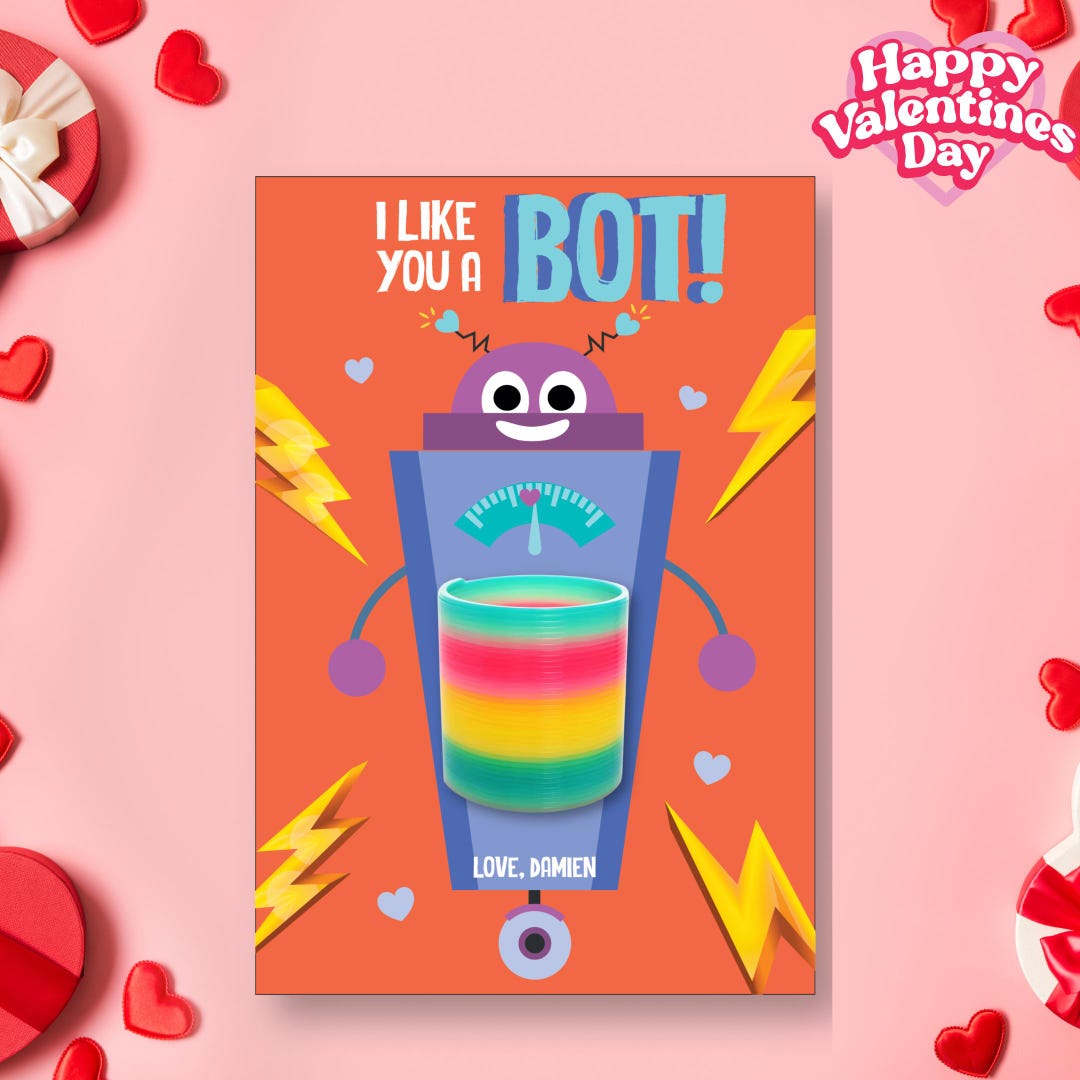 Robots Valentine Card EDITABLE Printable, Slinky Toy Robot Party Favors ...