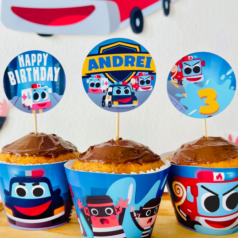 Rescue Team Cupcake Toppers | Editable Emergency Vehicle Party Decor ...