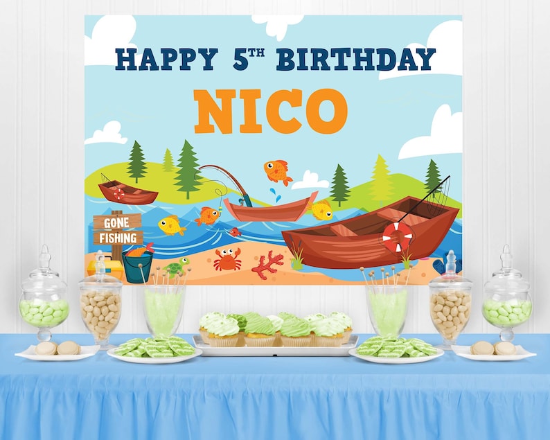 Fishing Birthday Backdrop Editable Party Printable/ Gone - Etsy