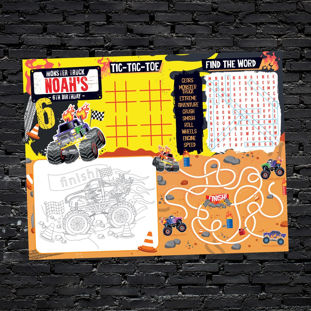 Monster Truck Party Game Activity Coloring Place Mat/ Monster Jam Party ...