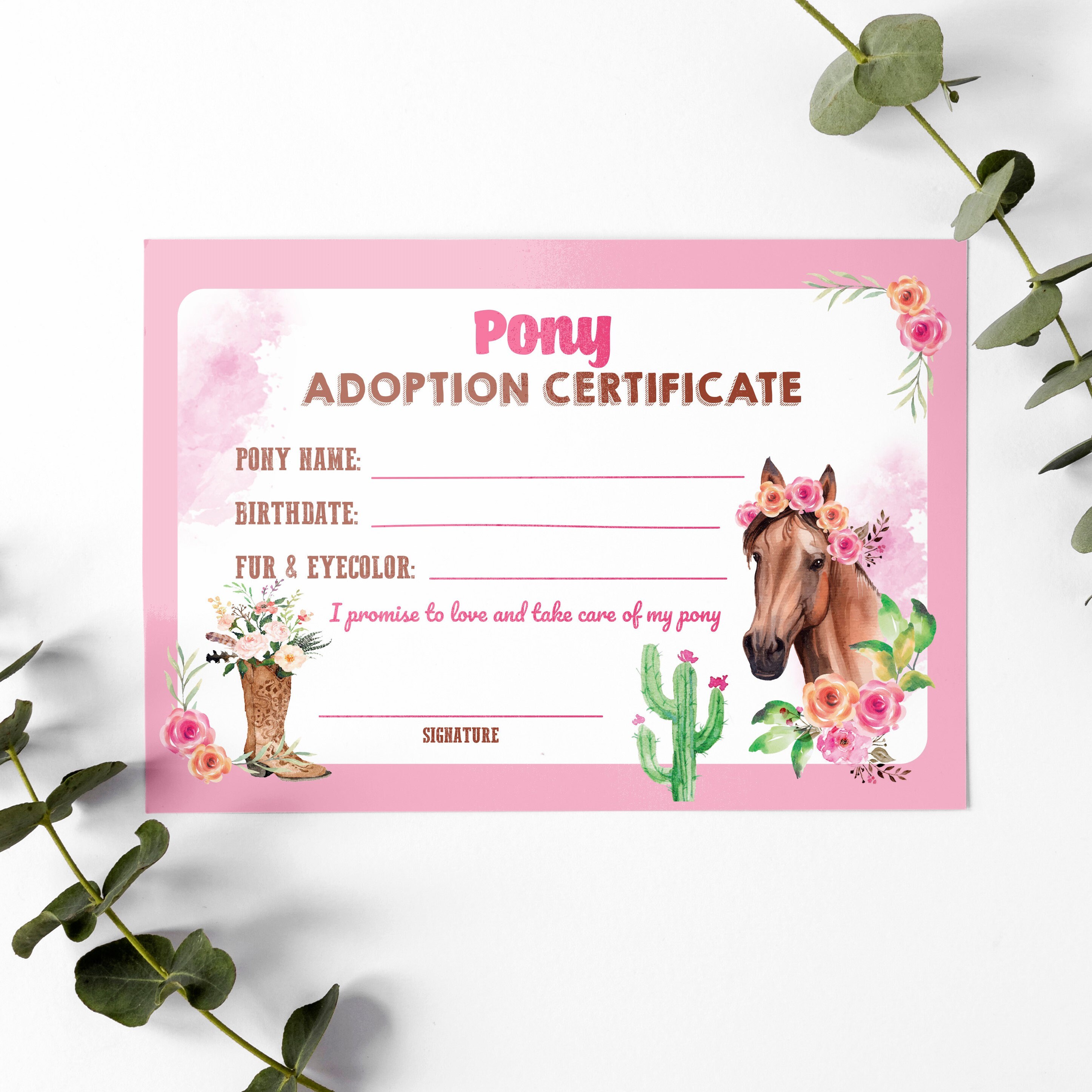 Adopt a Pony Certificate Printable/ Horse Adoption Certification Party ...