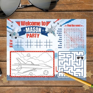 Fighter Pilot Party Coloring Activity Place Mat EDITABLE Printable ...