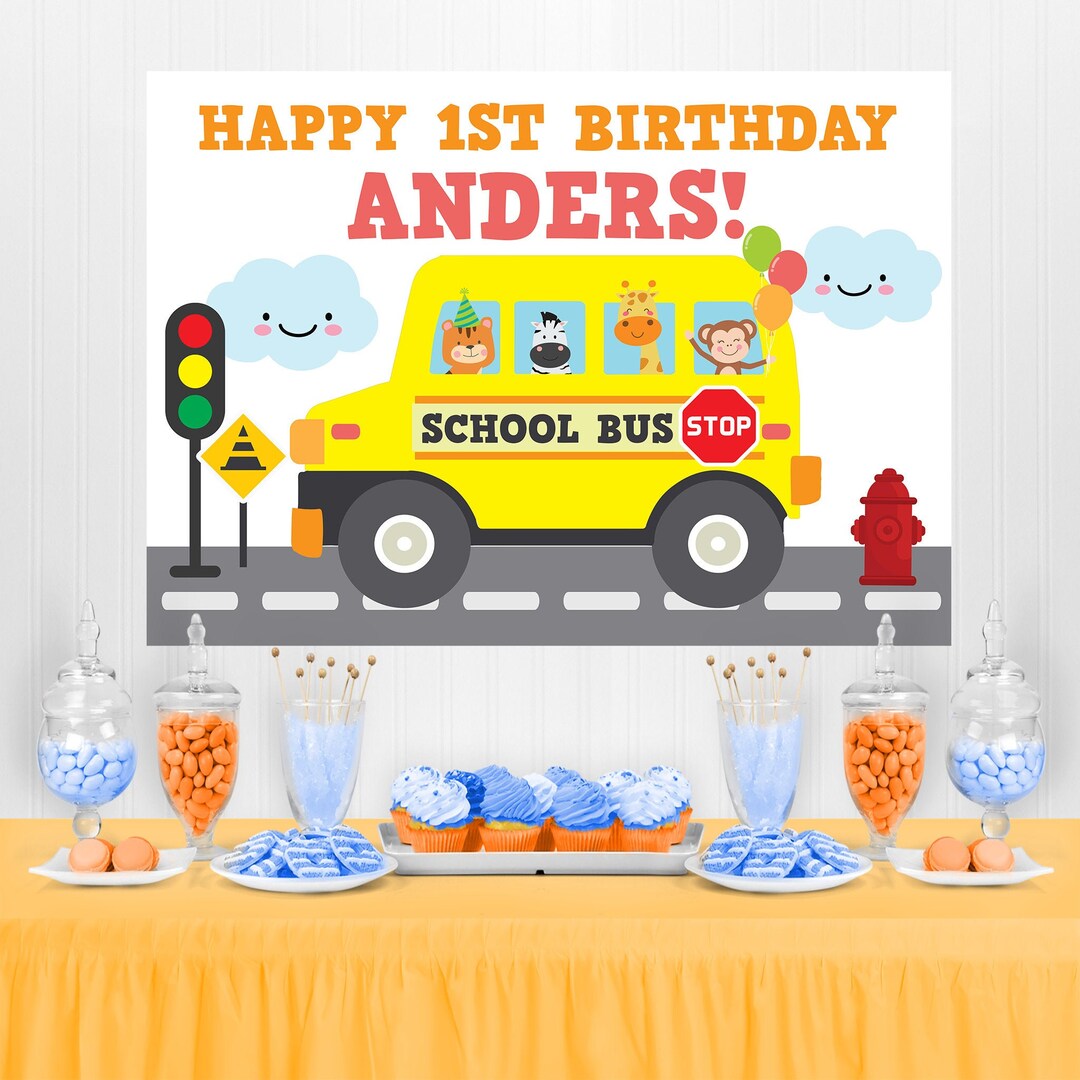 Wheels on the Bus Birthday Backdrop Editable Party Printable/ Wheels on ...