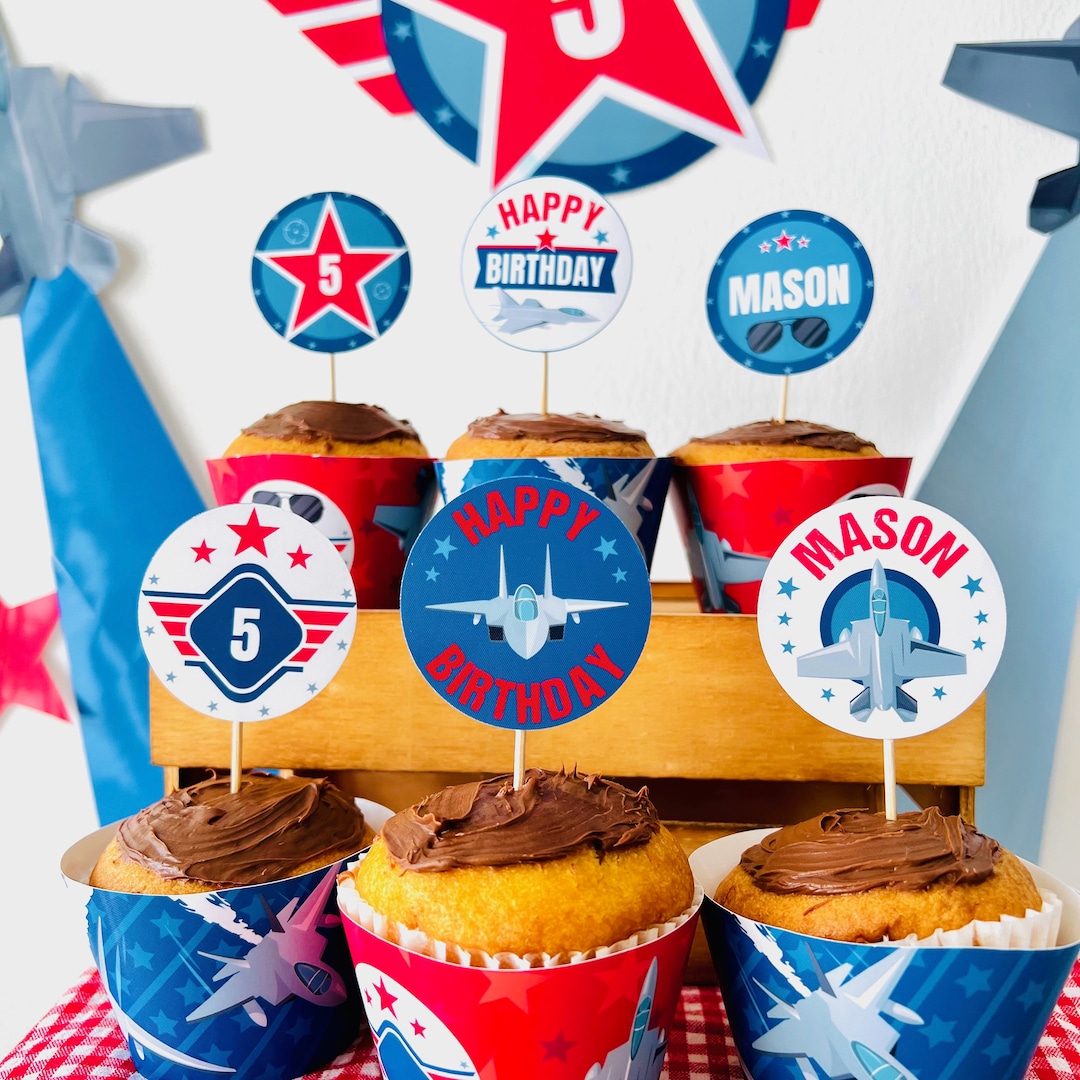 Fighter Pilot Party Cupcake Toppers Editable Printable Military Jet