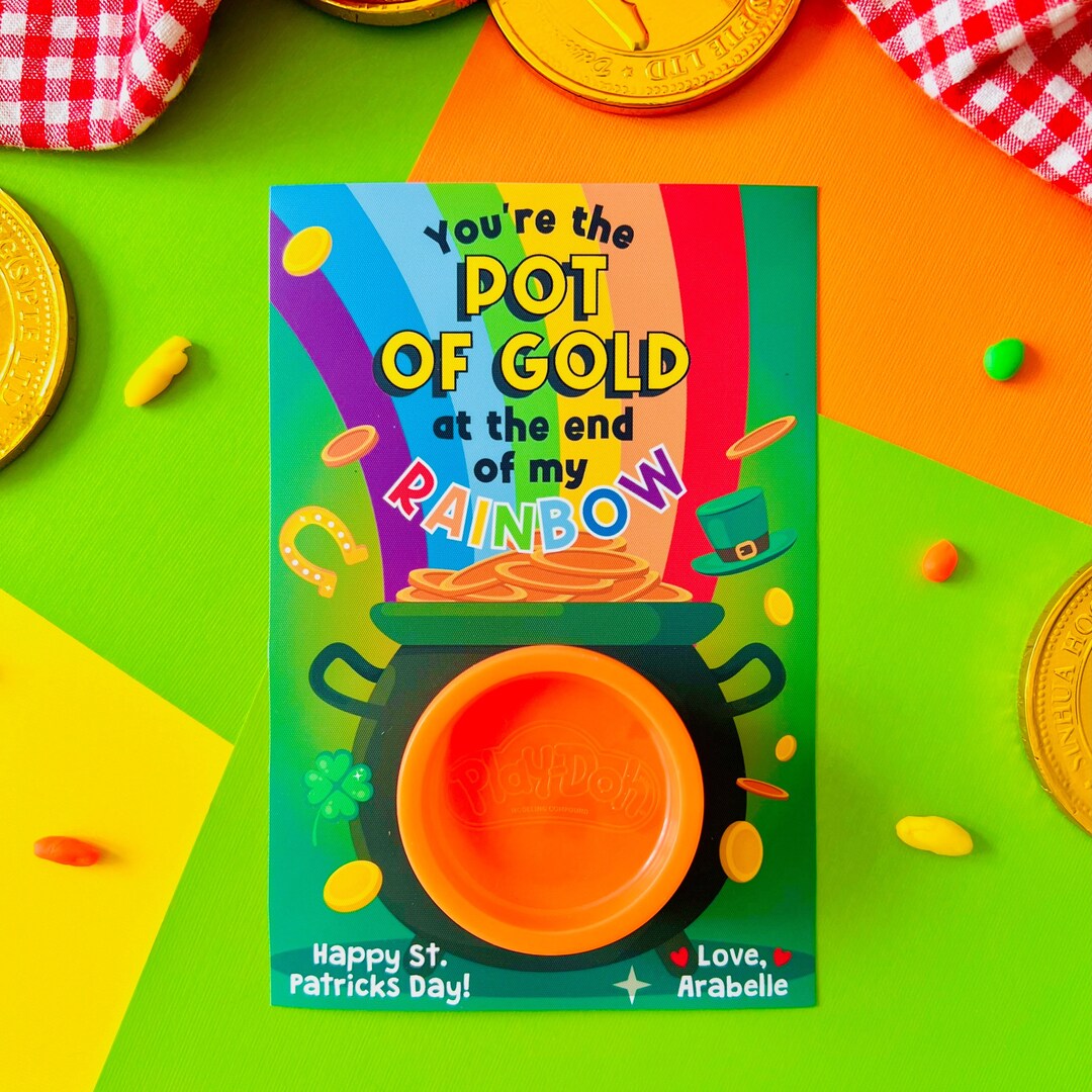 St Patricks Day Play Doh Favor Gift Card, St Pattys Pot of Gold Rainbow ...