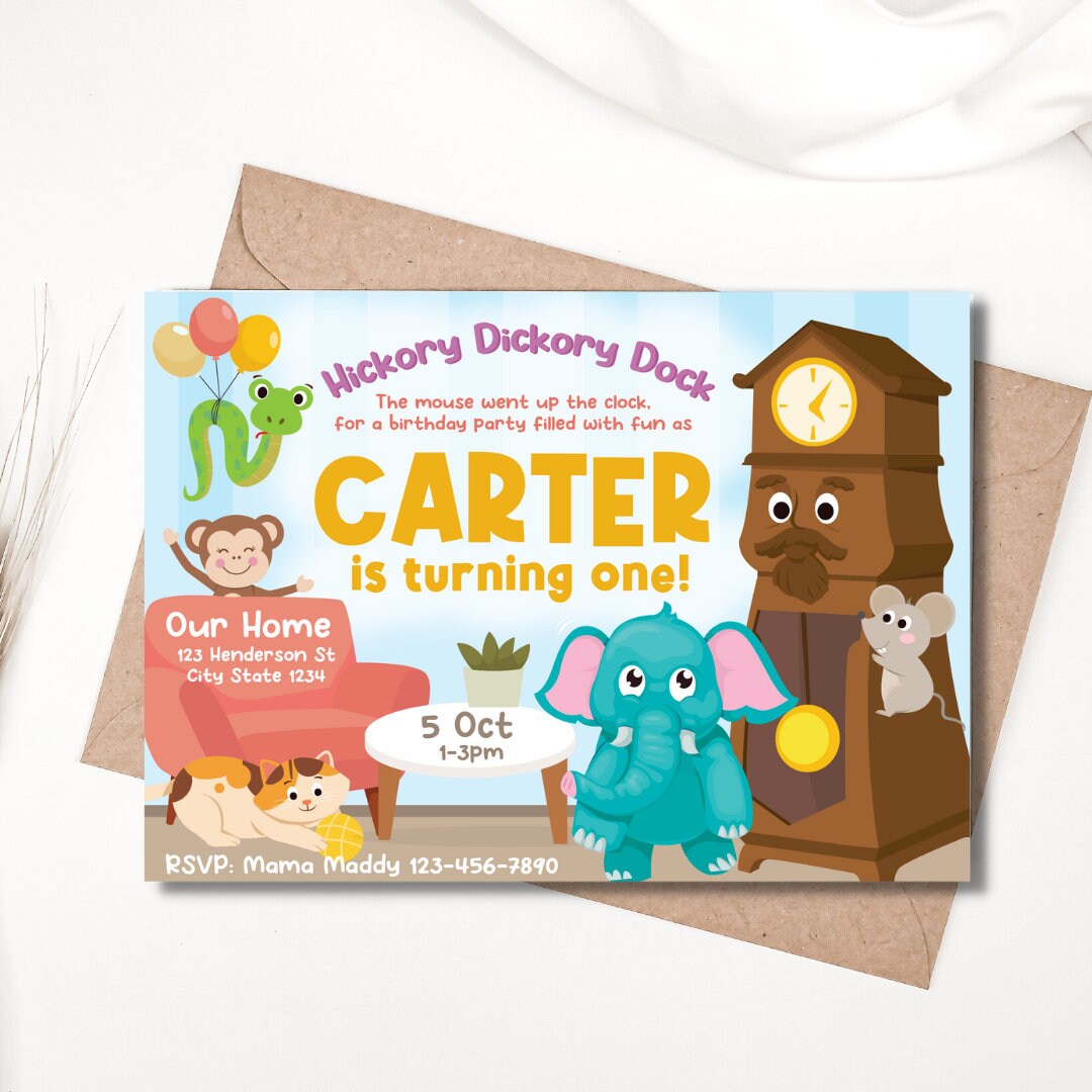 Hickory Dickory Dock Birthday Invitation, First Birthday (editable ...