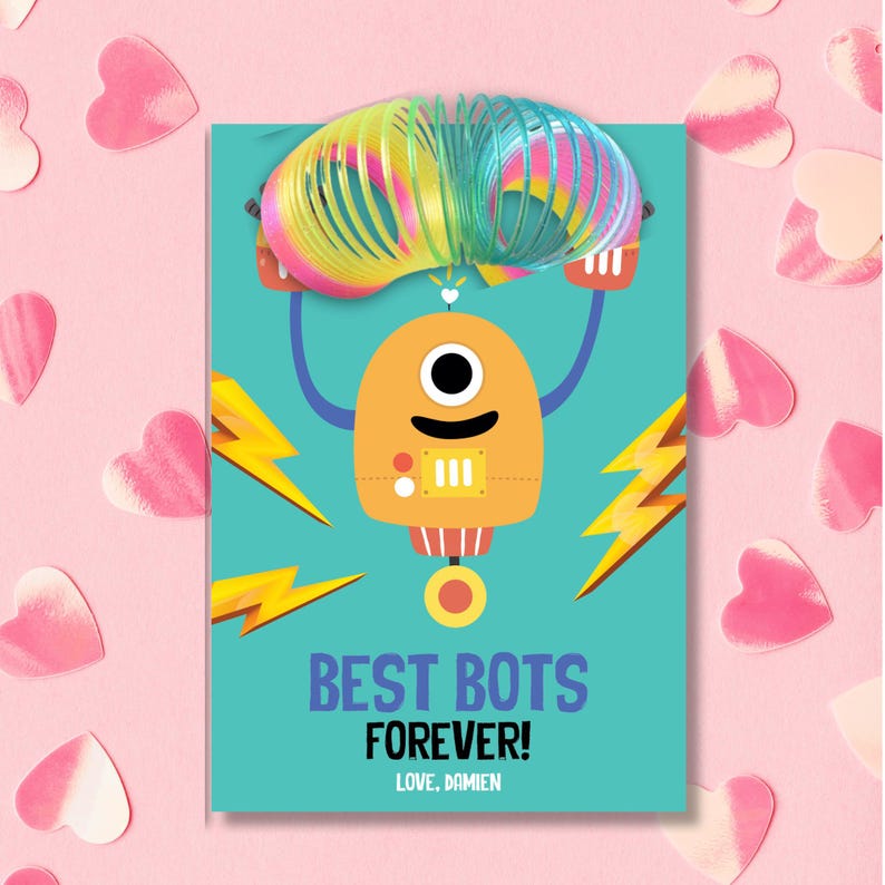 Robots Valentine Card EDITABLE Printable, Slinky Toy Robot Party Favors ...
