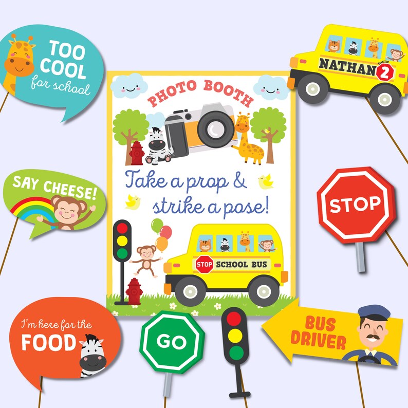 Wheels on the Bus Photo Booth Kit, Yellow School Bus Party Props ...
