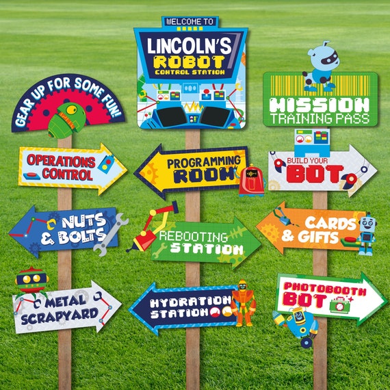 Robots Science Directional Party Signs Editable Printable/ Robot Party ...