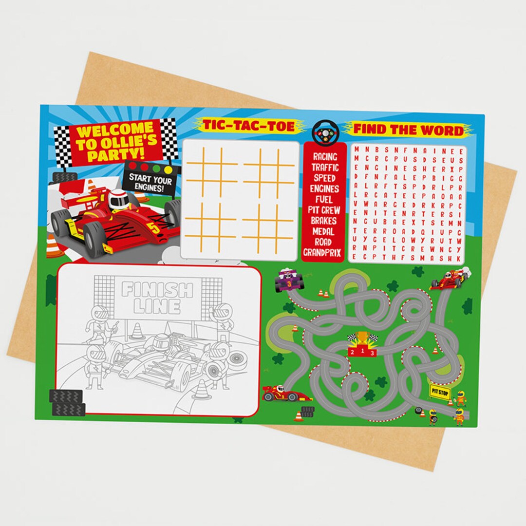 Car Racing Party Game/ Race Car Coloring Activity Place Mat / Go Kart ...