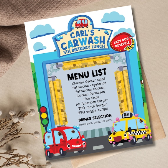 Car Wash Transportation Party Food Menu EDITABLE Printable/ Carl's Car ...