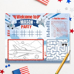 Fighter Pilot Party Coloring Activity Place Mat EDITABLE Printable ...