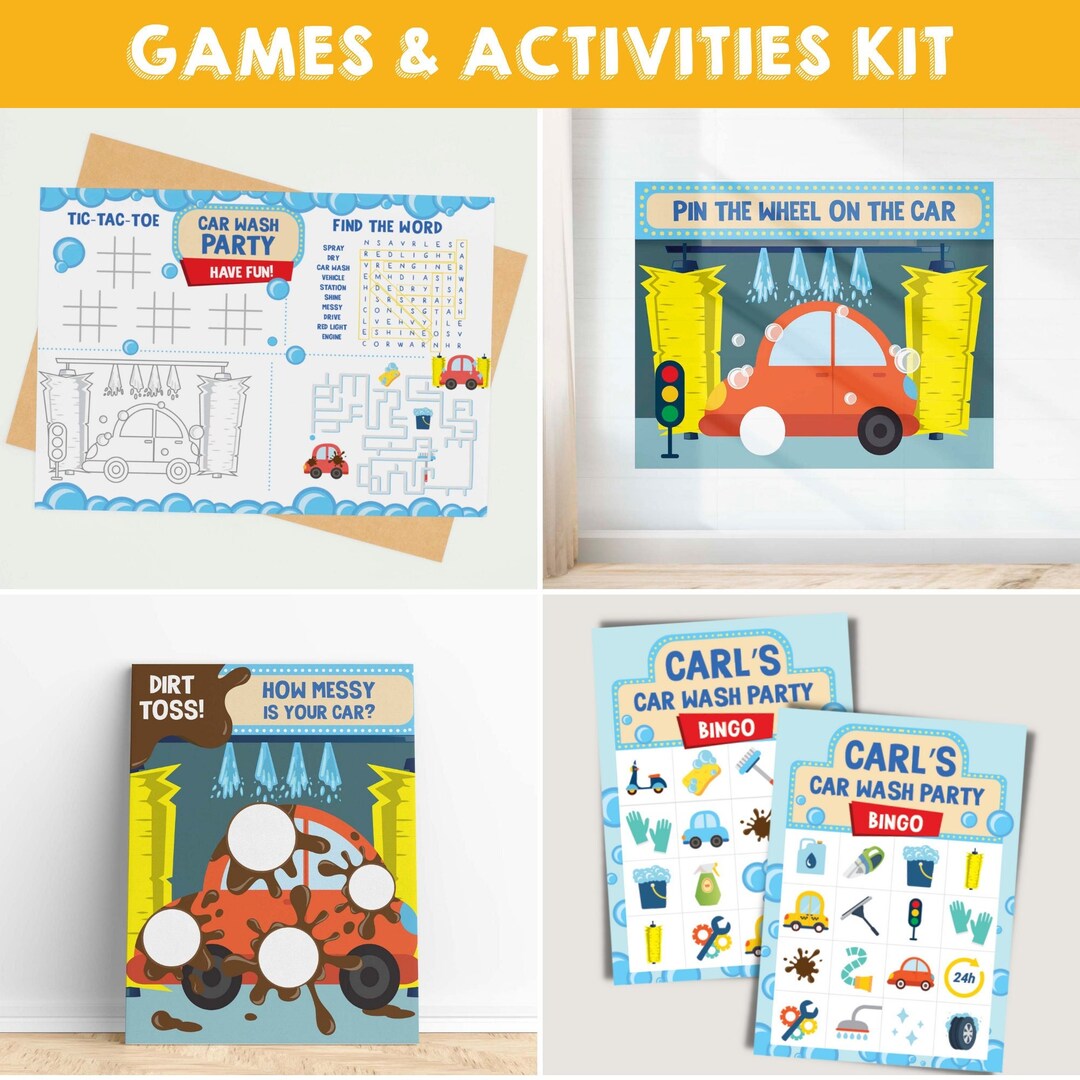 Car Wash Birthday Party Games Printable Kit: Bingo, Toss, Coloring ...