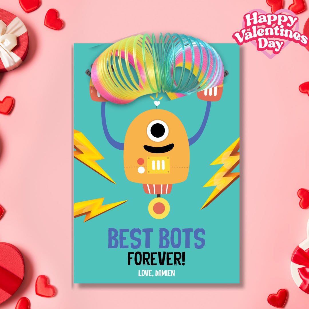Robots Valentine Card EDITABLE Printable, Slinky Toy Robot Party Favors ...