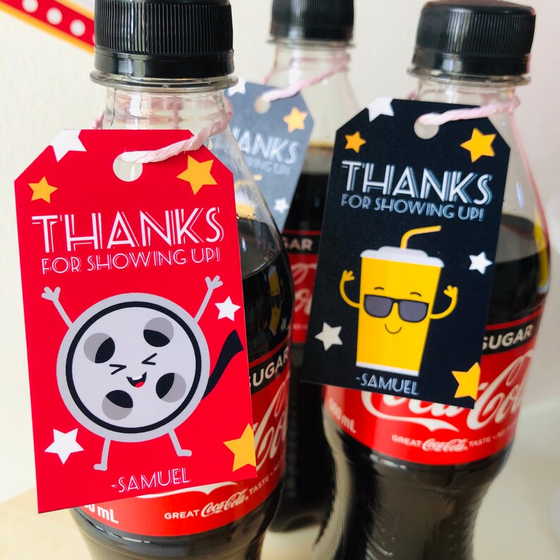 Movie Night Party Favor Tags | Editable Hollywood Thank You Drink Label ...