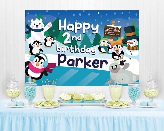 Penguin Birthday Backdrop EDITABLE Printable/ Penguin Winter Wonderland ...