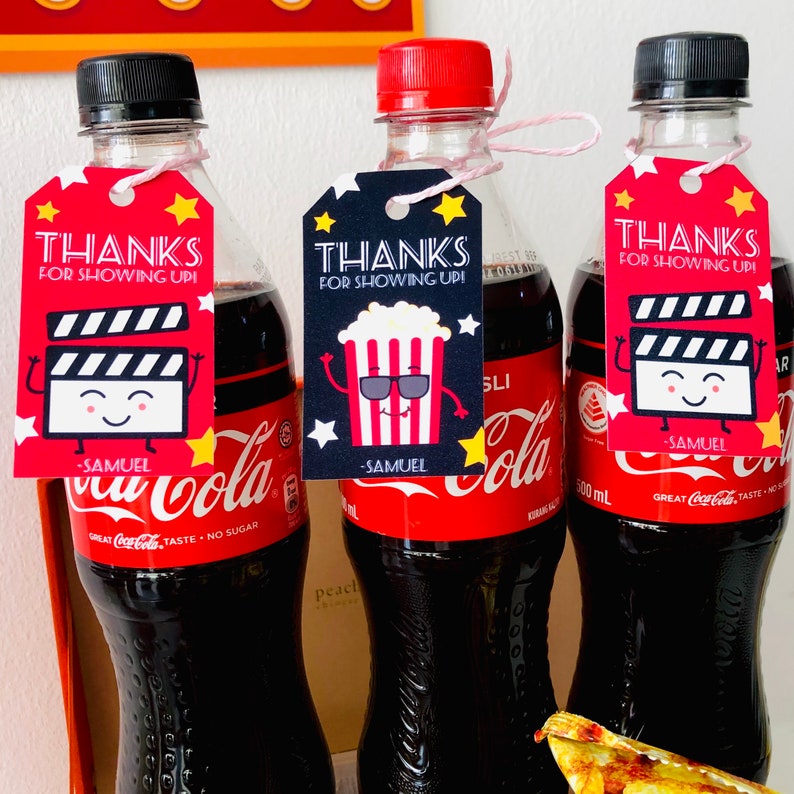 Movie Night Party Favor Tags | Editable Hollywood Thank You Drink Label ...