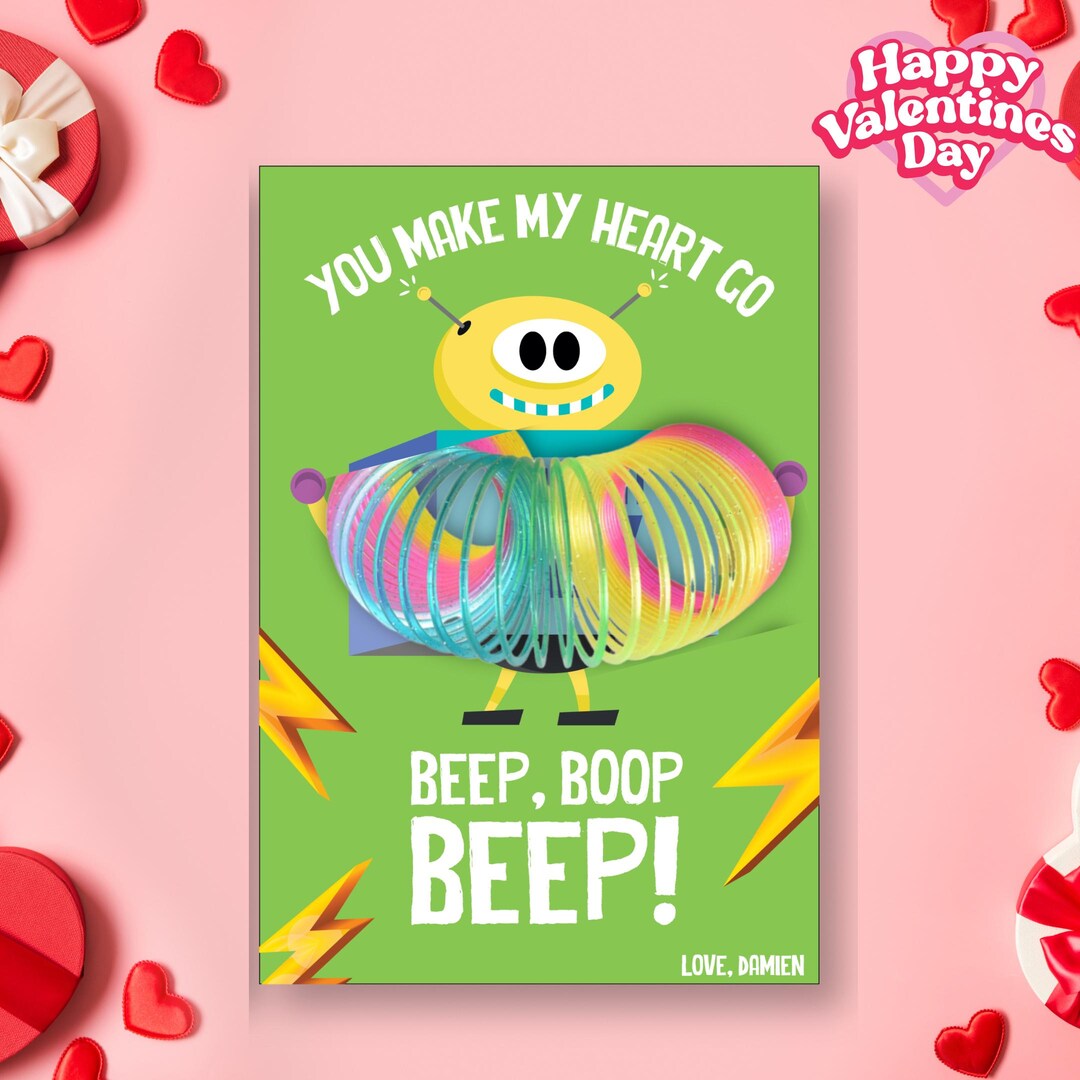 Robots Valentine Card EDITABLE Printable, Slinky Toy Robot Party Favors ...