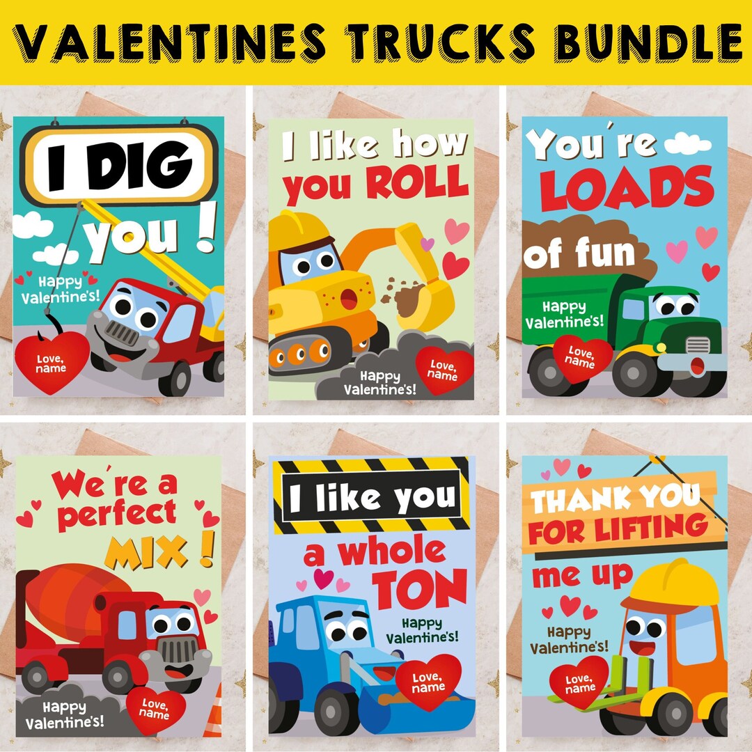 Construction Trucks Valentines Card School Classroom Kids Valentines ...