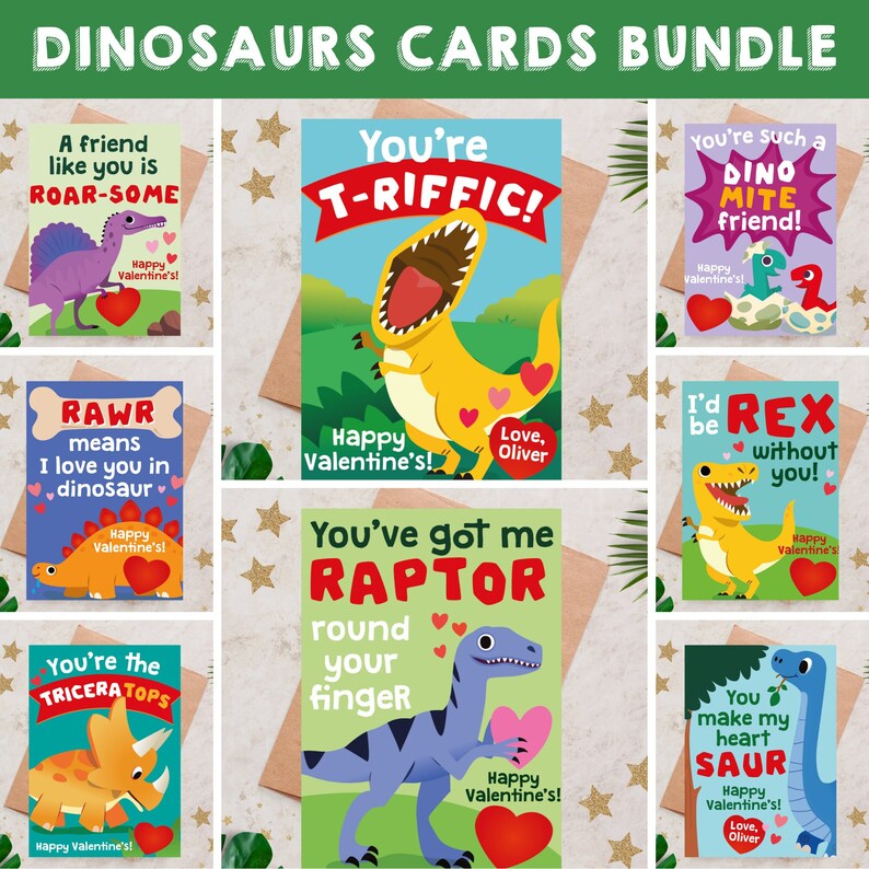 Dinosaur Valentines Cards BUNDLE, Dino Classroom Valentine Favor Tags ...