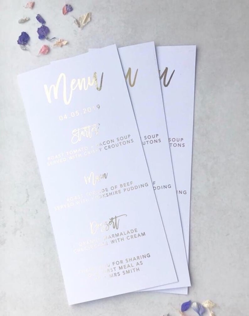 Personalised Rose Gold Menu, Invividual Wedding Guest Menu in Foil - Etsy