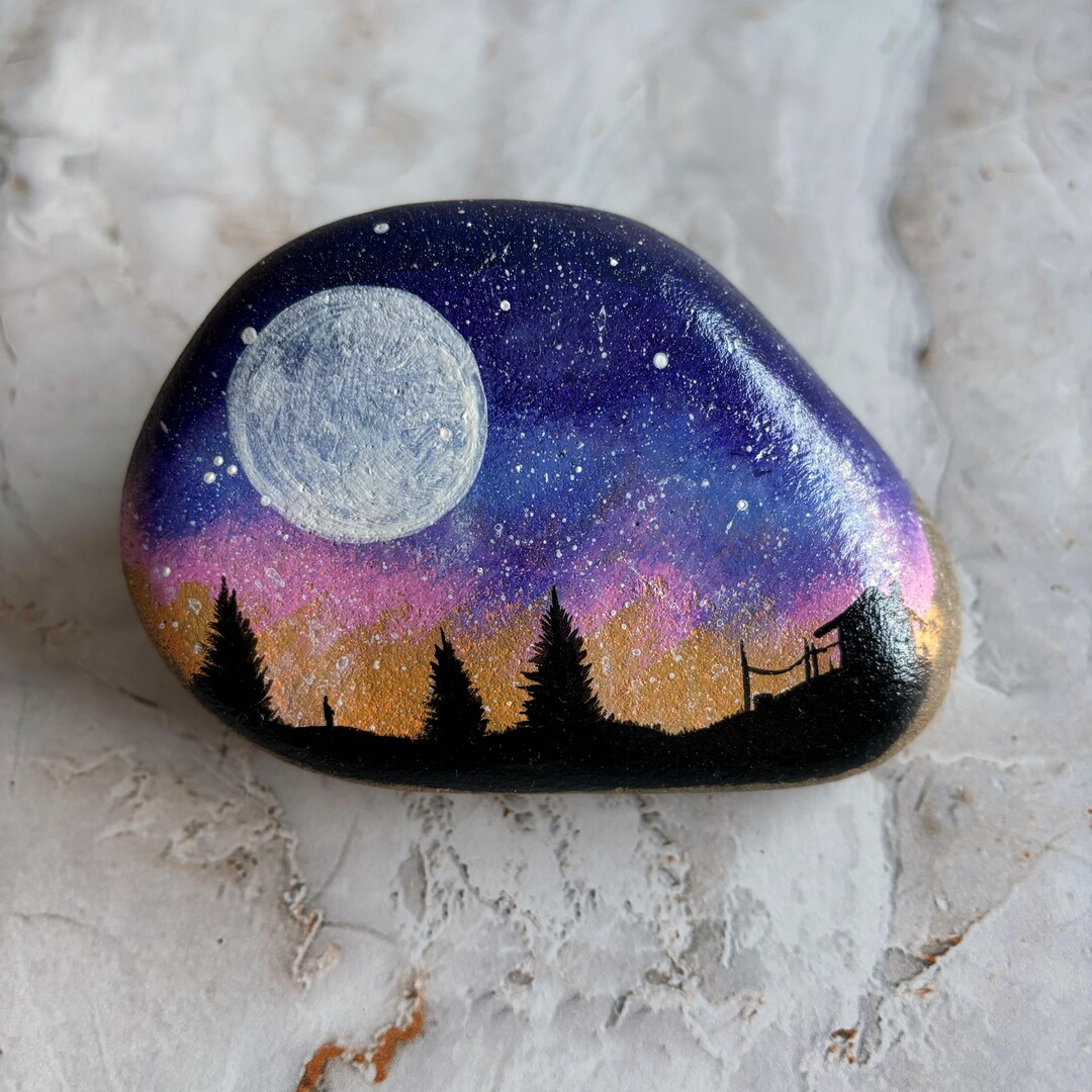 Pebble Art, Night Sky, Midnight Silhouette, Hand Painted Pebble ...