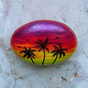 Palm Tree Sunset, Pebble Painting, Miami Sun, Rock Art, Pebble Artwork ...