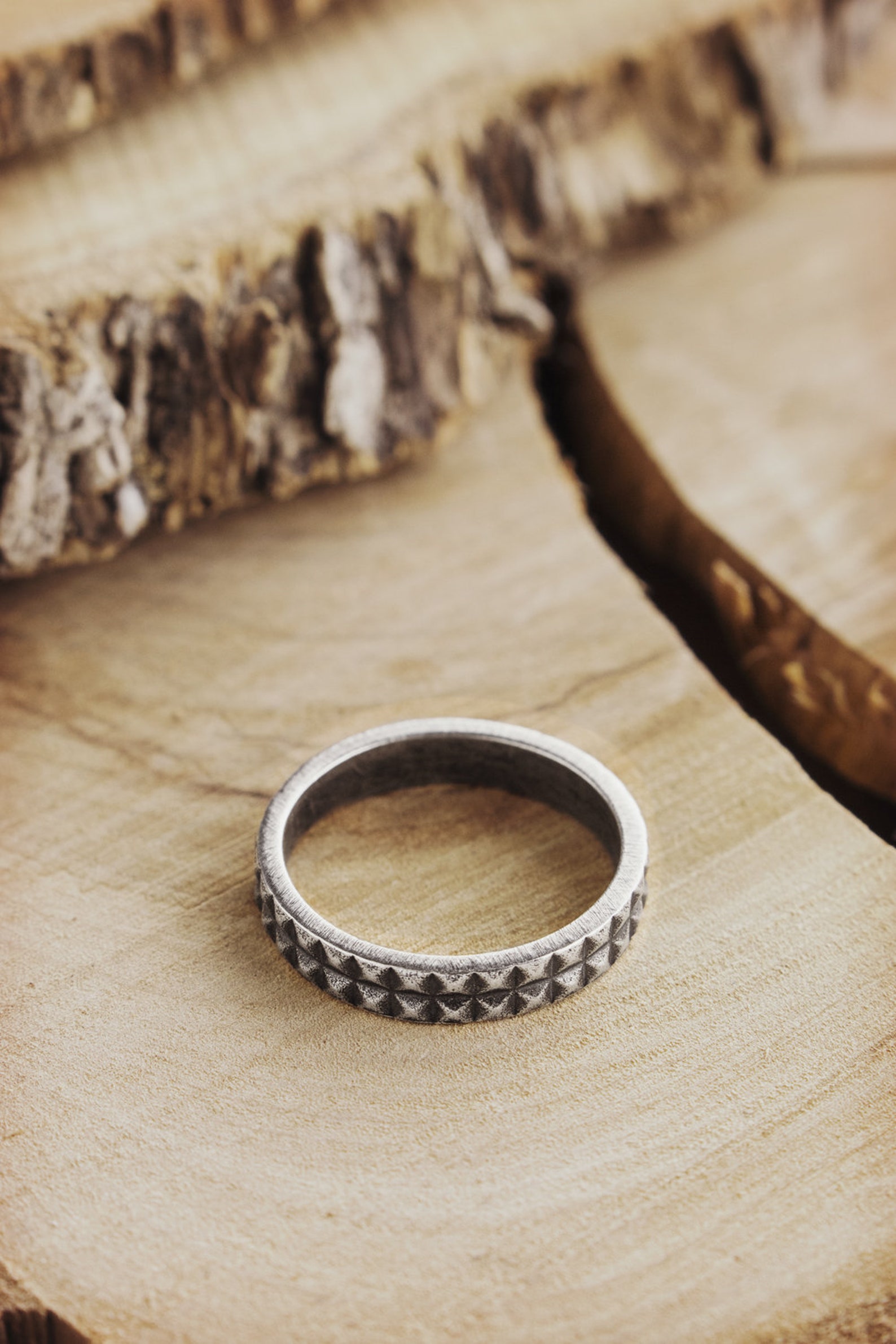 Geometric Silver Band, Oxidized Silver Ring, Square Pyramid Patterned ...