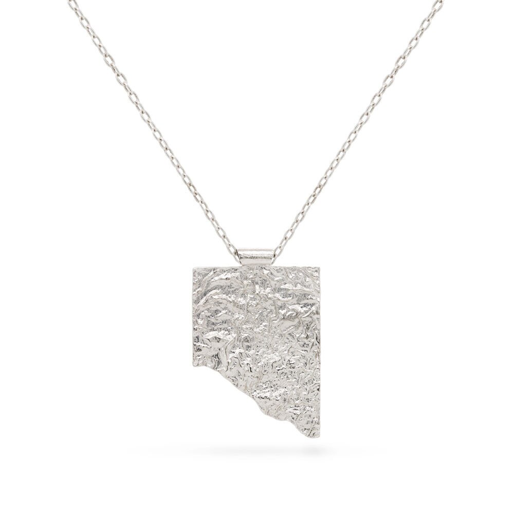 Long Silver Necklace, Half Rectangle Pendant, Reticulated 925 Sterling ...