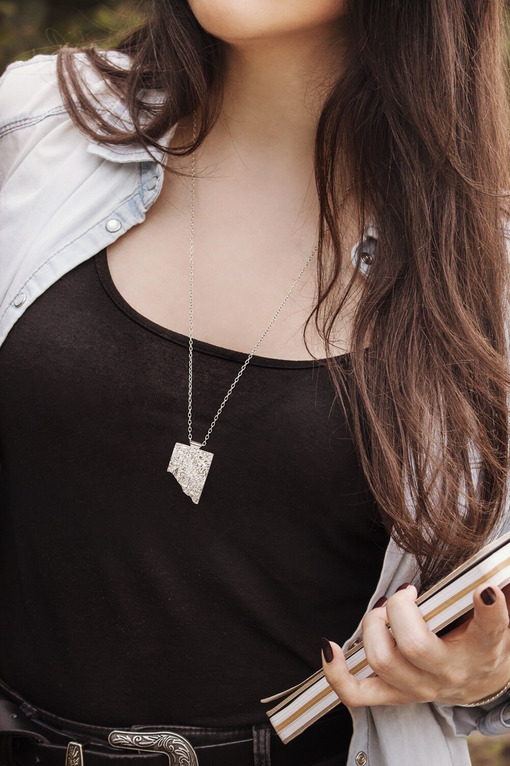 Long Silver Necklace, Half Rectangle Pendant, Reticulated 925 Sterling ...