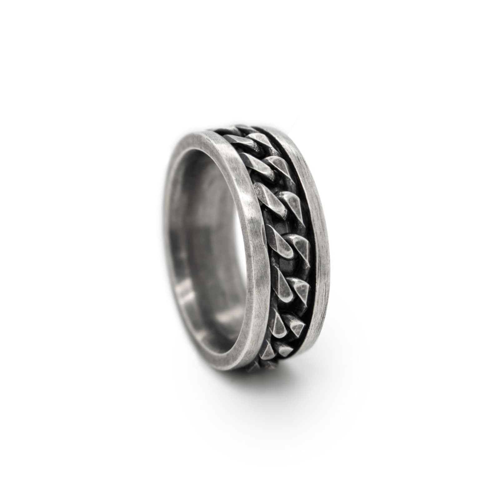 Silver Spinner Ring, Oxidized Anti-stress Band With Loose Curb Chain ...