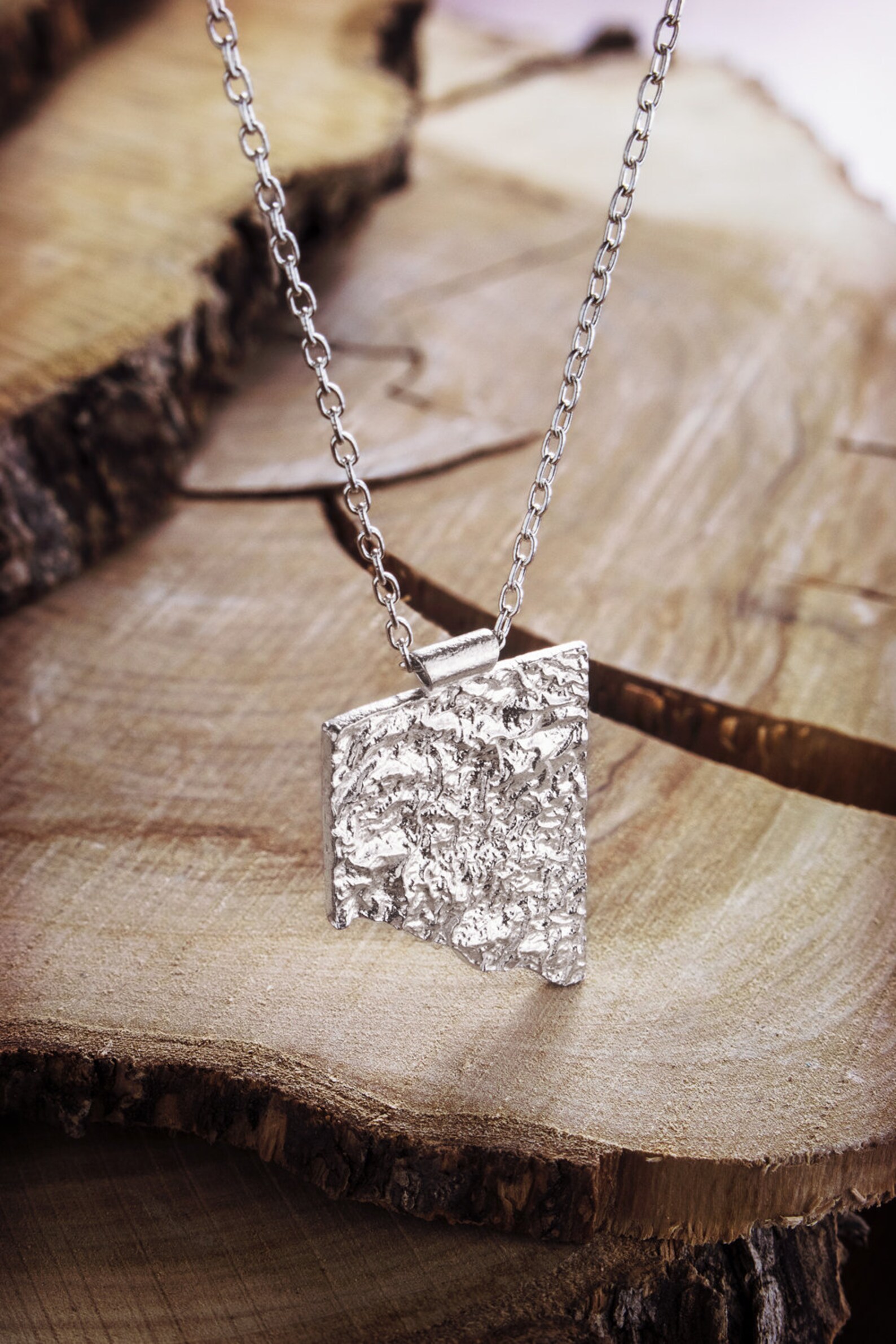 Long Silver Necklace, Half Rectangle Pendant, Reticulated 925 Sterling ...