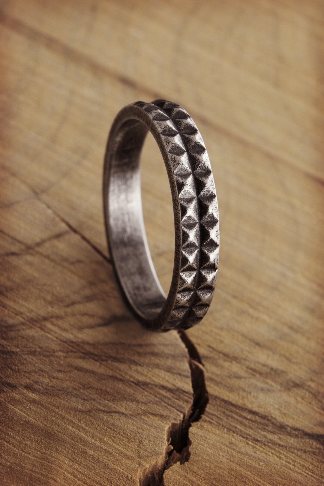 Geometric Silver Band, Oxidized Silver Ring, Square Pyramid Patterned ...