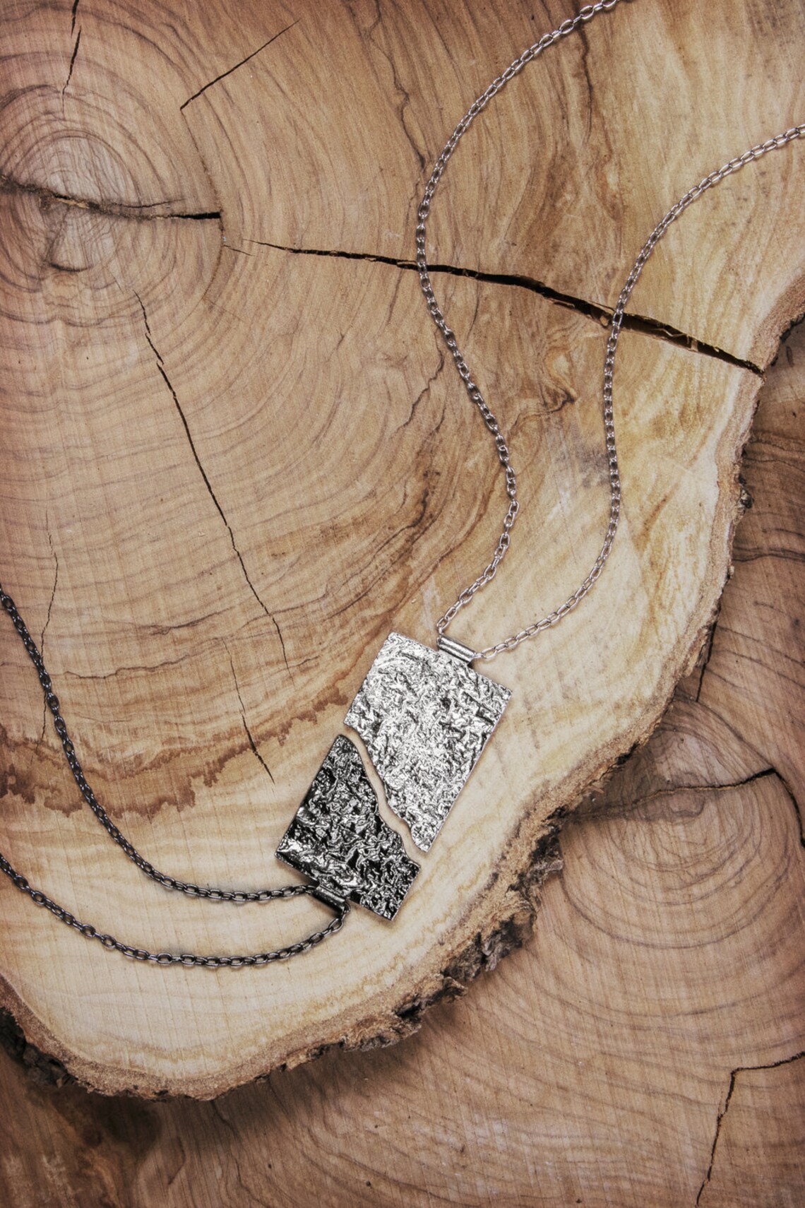 Long Silver Necklace, Half Rectangle Pendant, Reticulated 925 Sterling ...