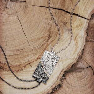 Long Silver Necklace, Half Rectangle Pendant, Reticulated 925 Sterling ...