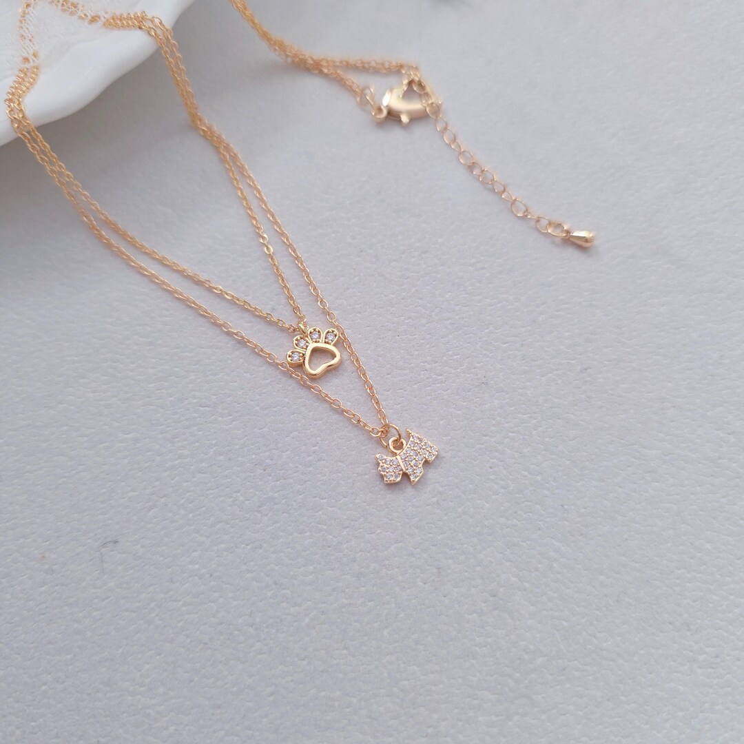 14K Gold Filled Dainty Layered Paw Print Necklace, CZ Pet Charm Double ...