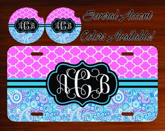 Monogram Paisley Personalized License Plate Car Coasters | Etsy