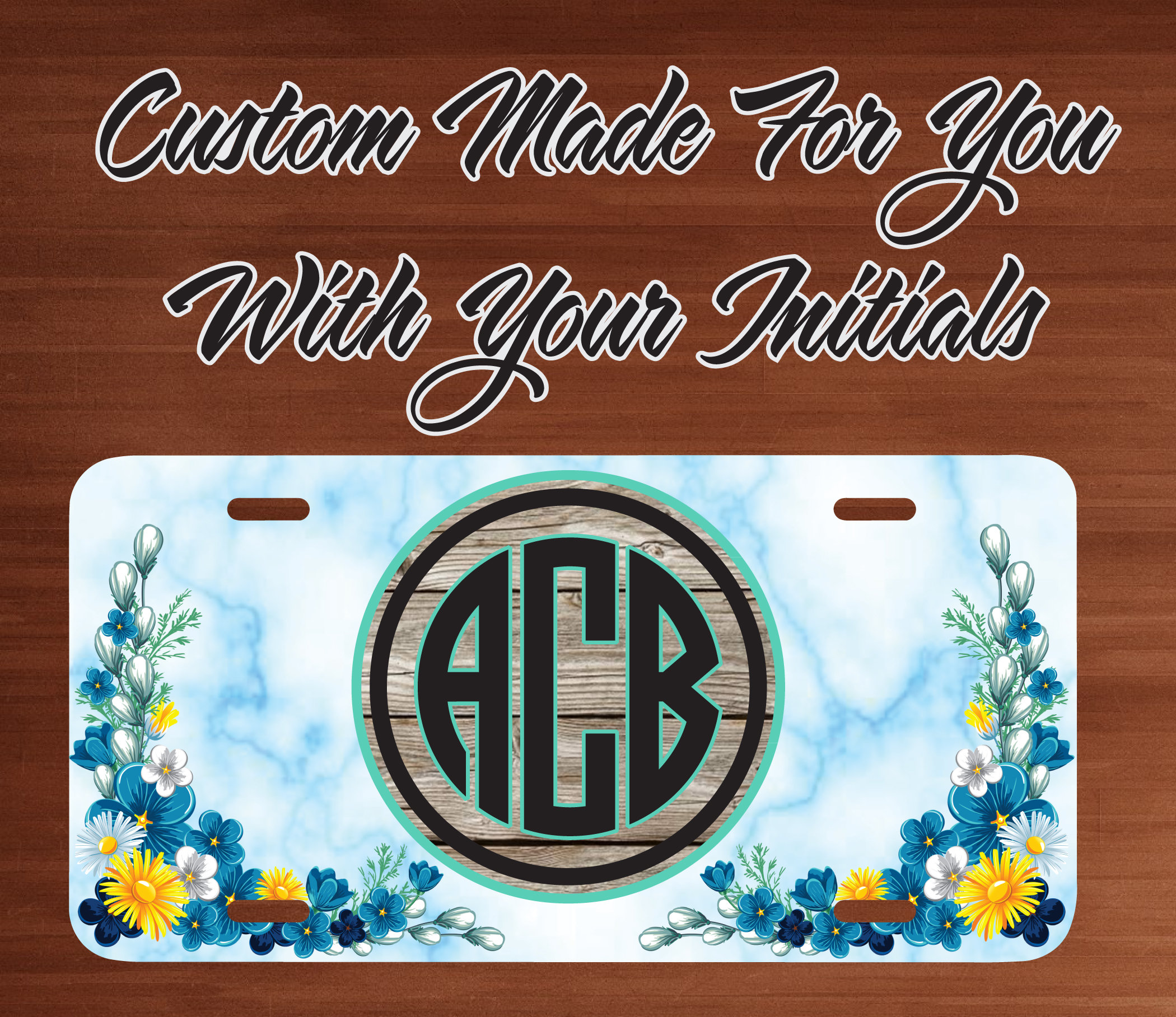 Custom Marble and Floral Monogrammed Front License Plate, Car Coasters ...