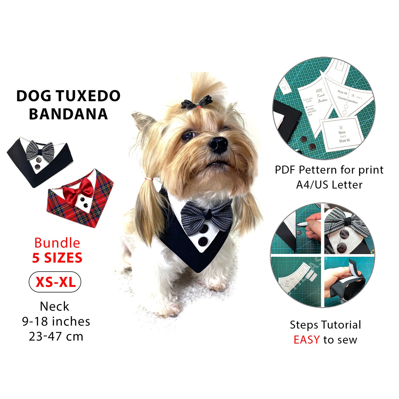Bundle 5 Sizes Dog Tuxedo Bandana PDF Pattern and DIY Tutorial, for ...